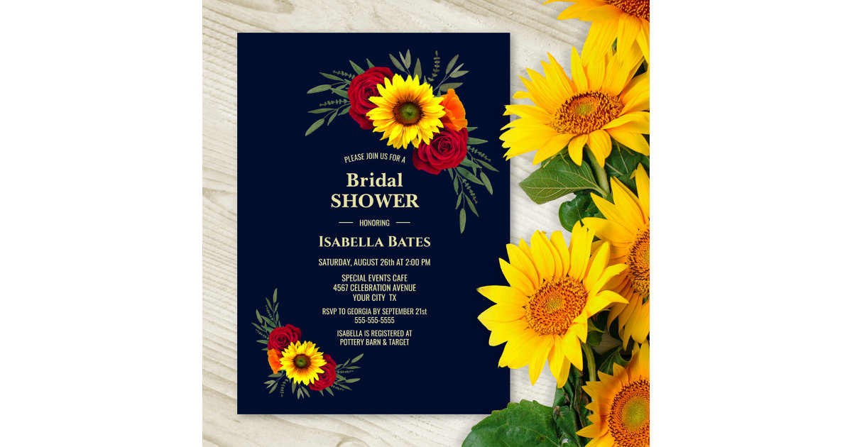Sunflower Red Rose Navy Blue Bridal Shower Invitation | Zazzle