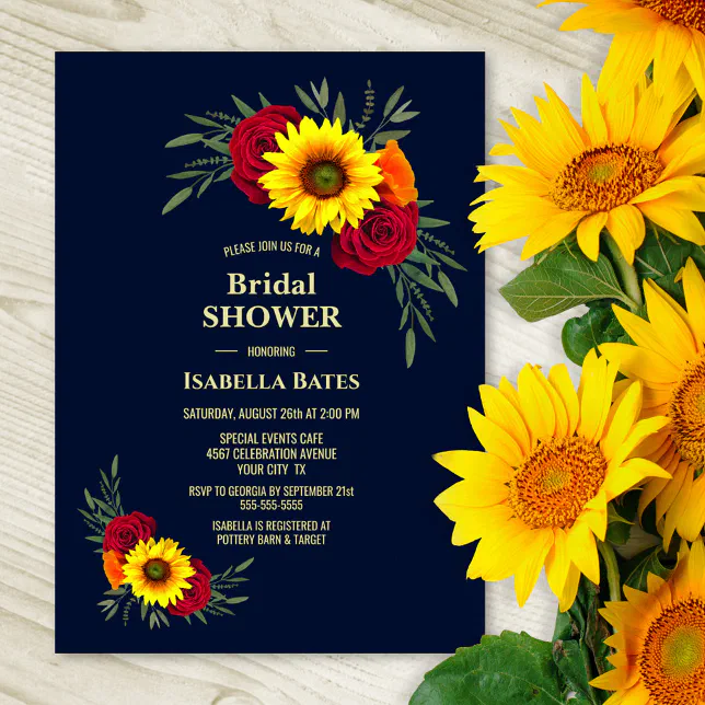 Sunflower Red Rose Navy Blue Bridal Shower Invitation | Zazzle