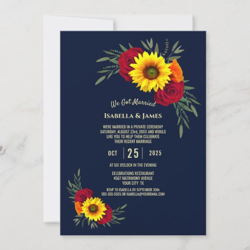 Sunflower Red Rose Navy Blue Wedding Reception Invitation | Zazzle