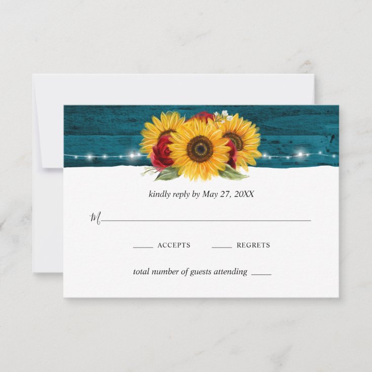 Sunflower Red Rose Rustic Wood Teal Wedding RSVP Card | Zazzle