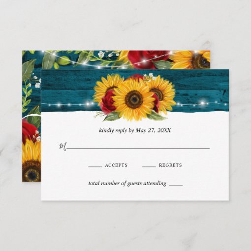 Sunflower Red Rose Rustic Wood Teal Wedding RSVP Card | Zazzle