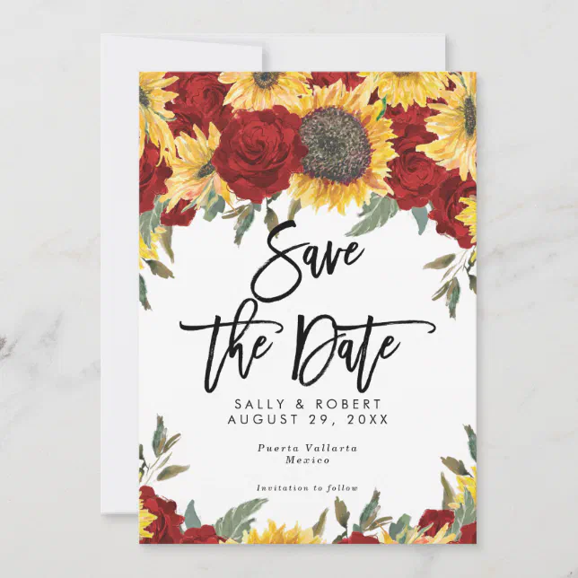 sunflower red roses wedding save the date card | Zazzle
