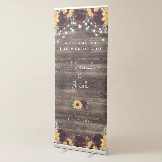 Sunflower Roses Rustic Barn Wood Wedding Welcome Retractable Banner ...
