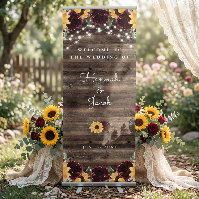 Sunflower Roses Rustic Barn Wood Wedding Welcome Retractable Banner ...