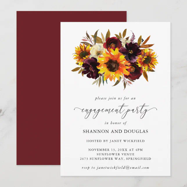 Sunflower Roses Rustic Fall Engagement Party Invitation | Zazzle