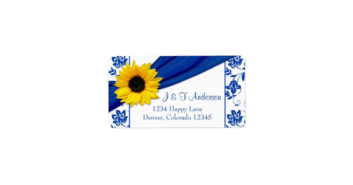 Sunflower Royal Blue Damask Wedding Return Address Label | Zazzle