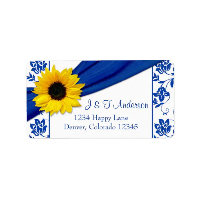Sunflower Royal Blue Damask Wedding Return Address Label | Zazzle