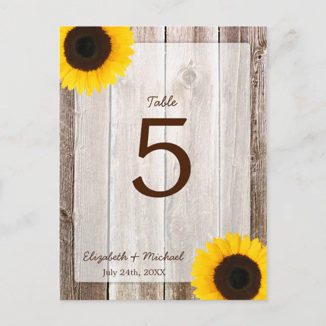 Sunflower Rustic Barn Wood Wedding Table Number | Zazzle