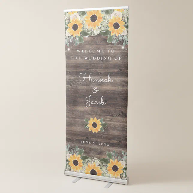 Sunflower Rustic Barn Wood Wedding Welcome Retractable Banner | Zazzle