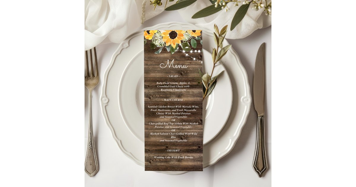 Sunflower Rustic Eucalyptus Wood Wedding Menu | Zazzle