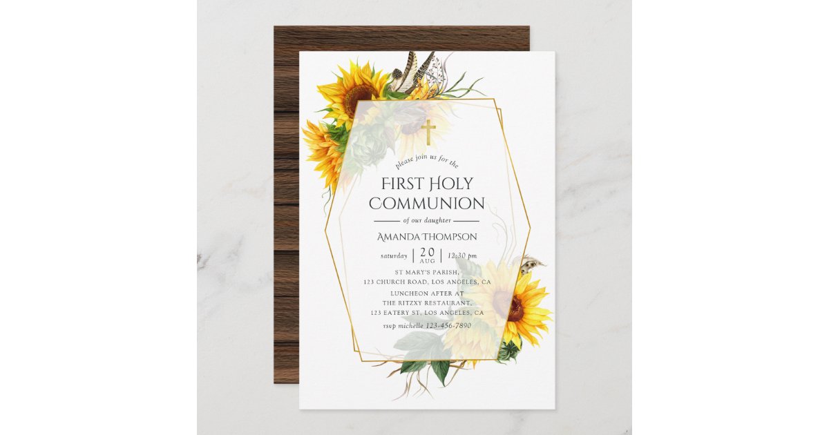 Sunflower Rustic Geometric First Communion Invitation | Zazzle