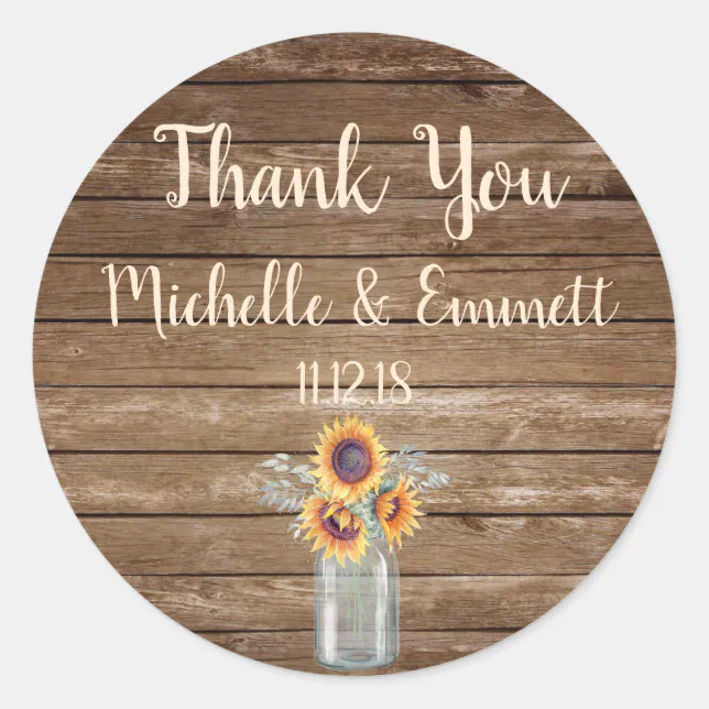 Sunflower Rustic Sticker, Thank You Sticker,Rustic Classic Round ...