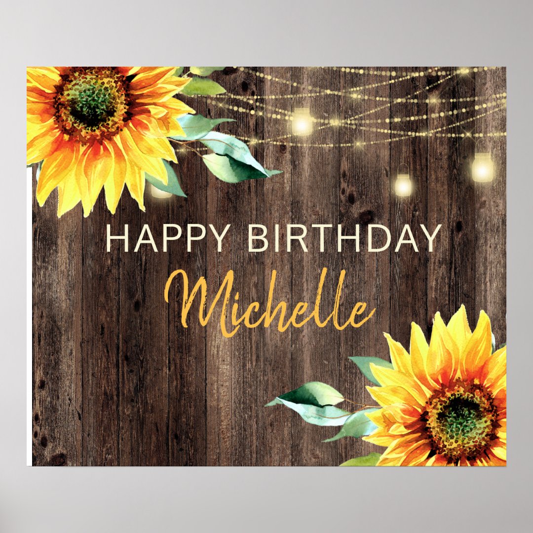 Sunflower Rustic String Lights Happy Birthday Poster | Zazzle