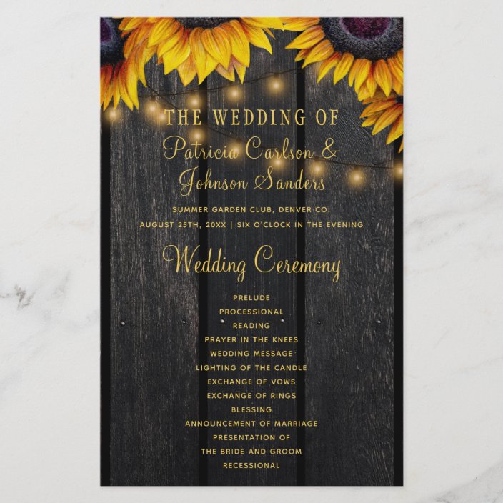 Sunflower rustic wood gold script wedding program flyer | Zazzle.com