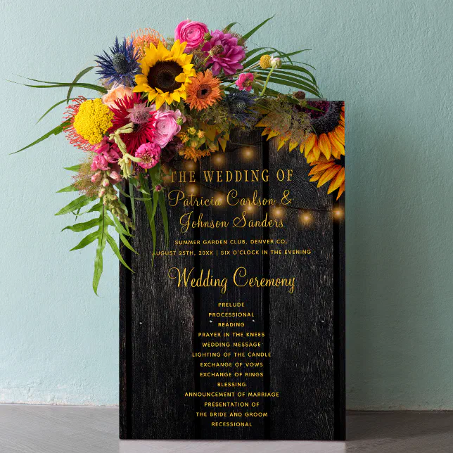 Sunflower rustic wood gold script wedding program flyer | Zazzle