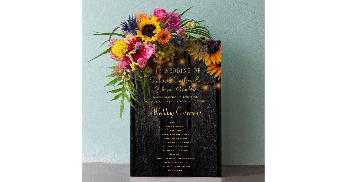 Sunflower rustic wood gold script wedding program flyer | Zazzle