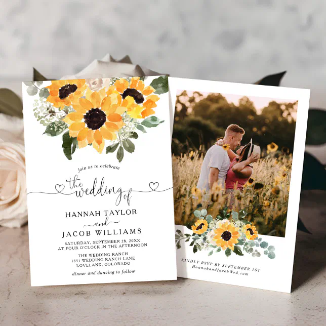 Sunflower Sage Greenery Photo Wedding Invitation | Zazzle