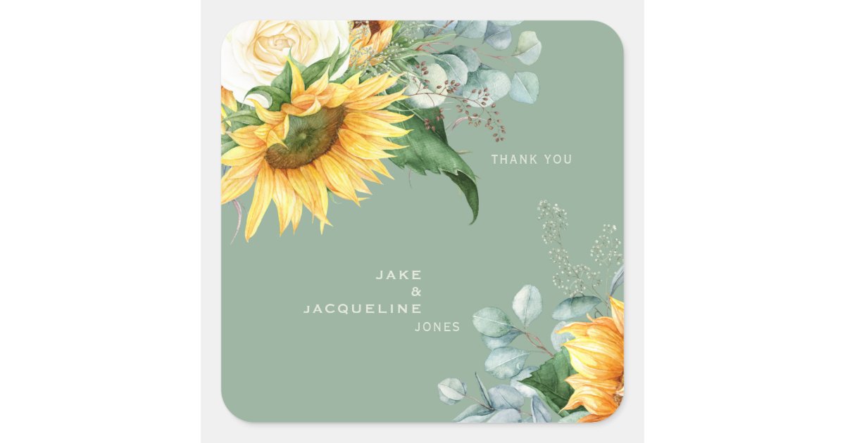Sunflower Sage Wedding Thank You Square Sticker | Zazzle