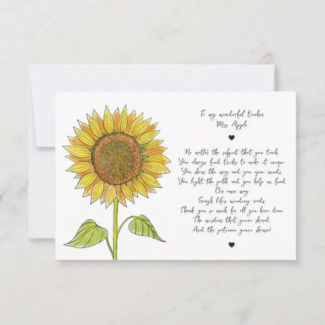 Sunflower & Script Appreciation Poem for Teacher Thank You Card | Zazzle