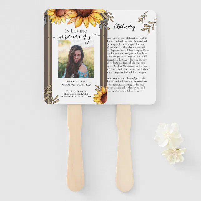 Sunflower Simple Photo Funeral Obituary Keepsake Hand Fan | Zazzle