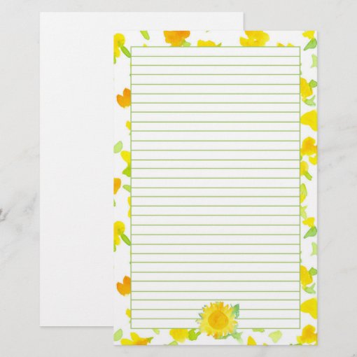 Sunflower Sunshine Yellow Watercolor Flowers Lined Stationery | Zazzle