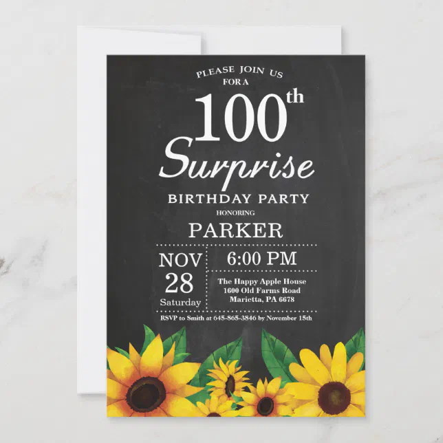 Sunflower Surprise 100th Birthday Invitation | Zazzle