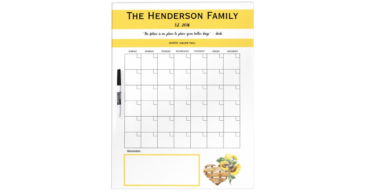 Sunflower themed Personalized Family Calendar Dry Erase Board | Zazzle