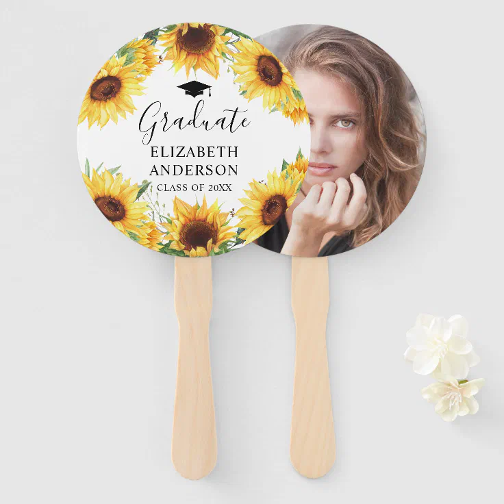 Sunflower Watercolor Photo Class of Graduation Hand Fan | Zazzle