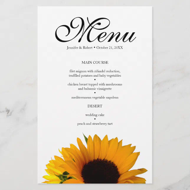 Sunflower Wedding Dinner Menu Card | Zazzle