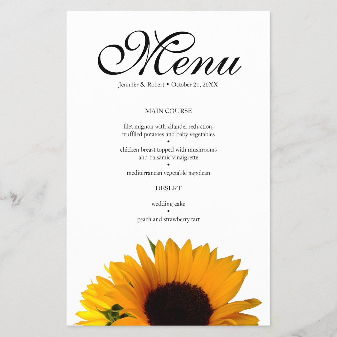 Sunflower Wedding Dinner Menu Card | Zazzle