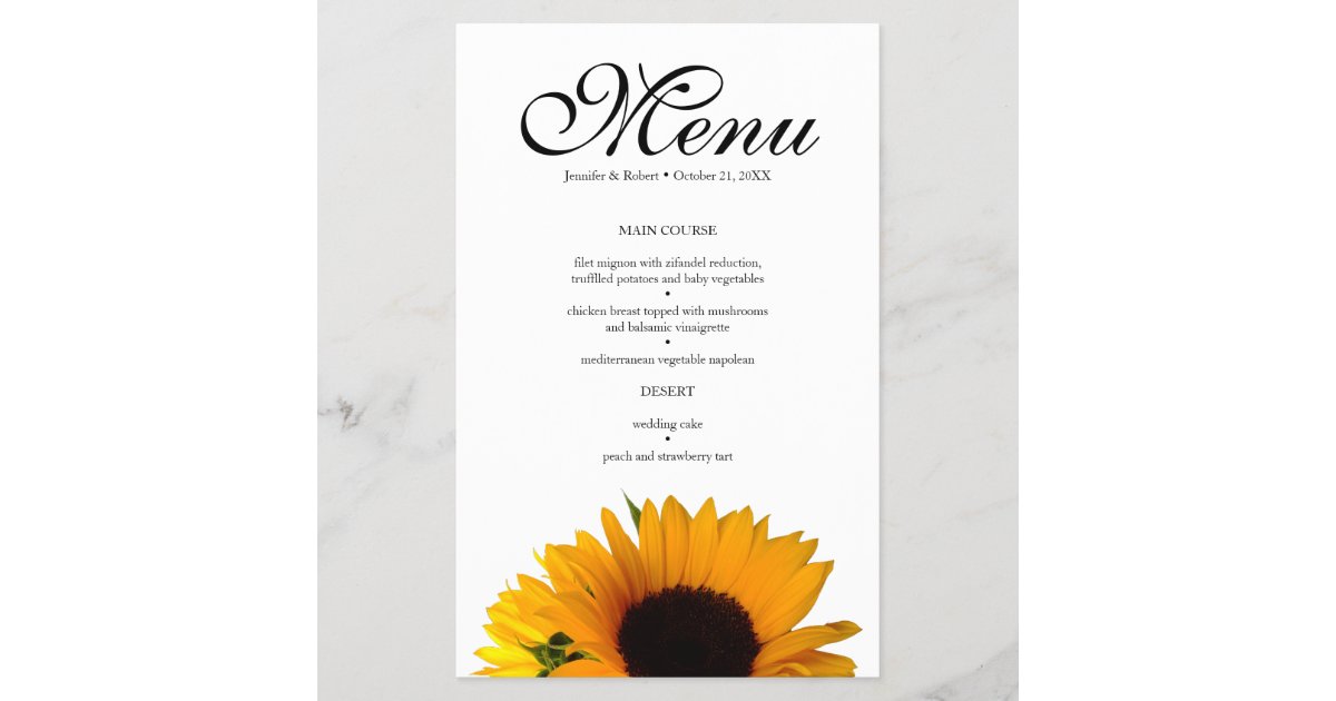 Sunflower Wedding Dinner Menu Card | Zazzle