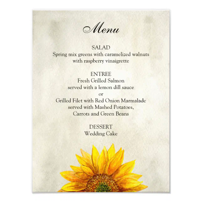 Sunflower wedding menu poster. Rustic dinner menu Photo Print | Zazzle
