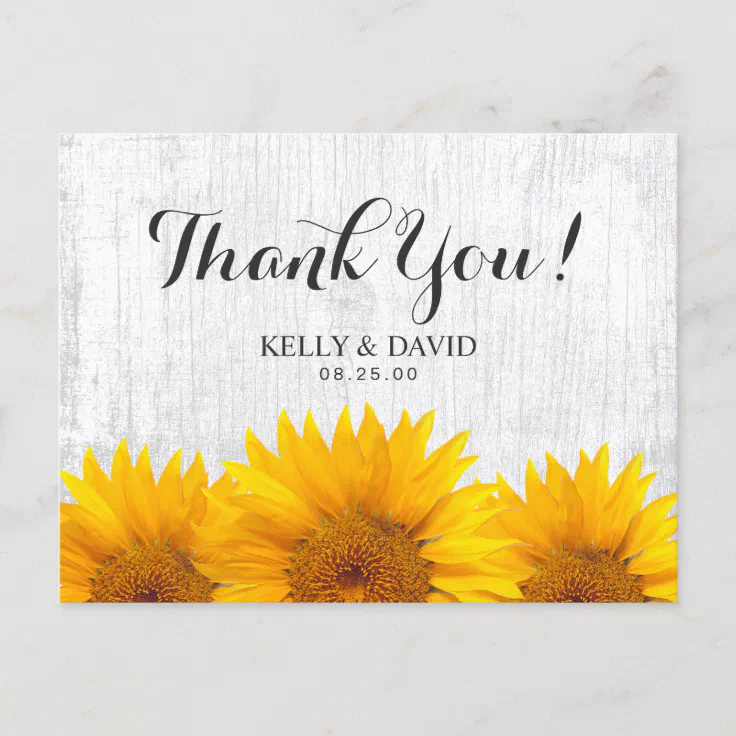 Sunflower Wedding Rustic Barn Wood Thank You Postcard | Zazzle