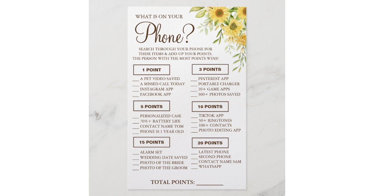 Sunflower What is on your phone Shower game card Flyer | Zazzle