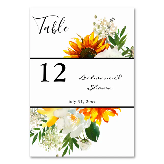 Sunflower & White Rose Artsy Floral - White Table Number | Zazzle