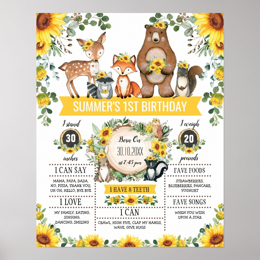 Sunflower Woodland Animals 1st Birthday Milestone Poster | Zazzle