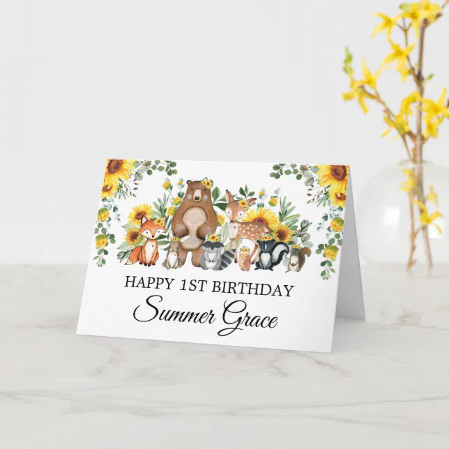 Sunflower Woodland Forest Animals Happy Birthday Card | Zazzle