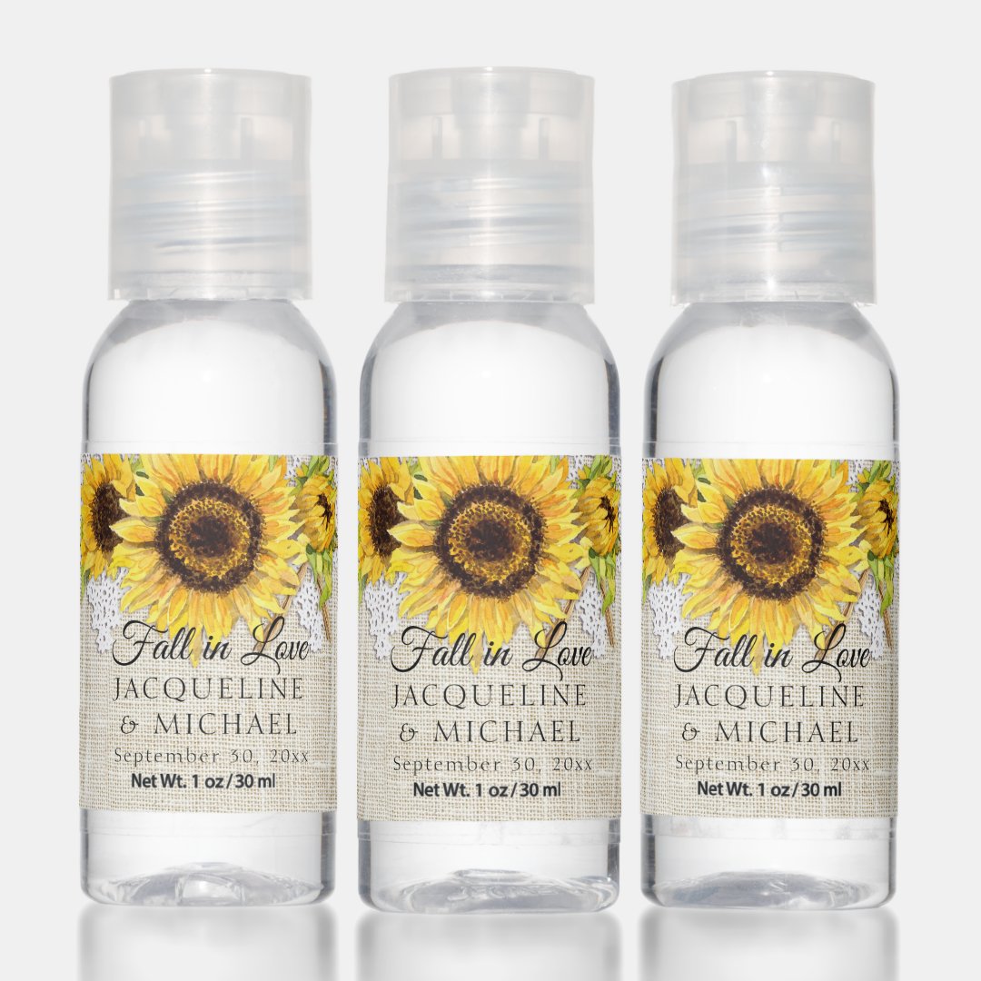 Sunflower Yellow Floral White Lace Burlap Wedding Hand Sanitizer | Zazzle