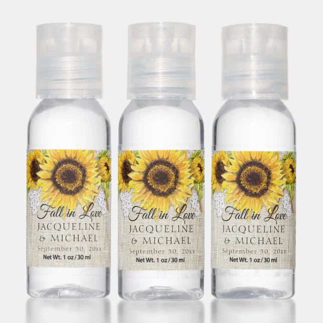 Sunflower Yellow Floral White Lace Burlap Wedding Hand Sanitizer | Zazzle