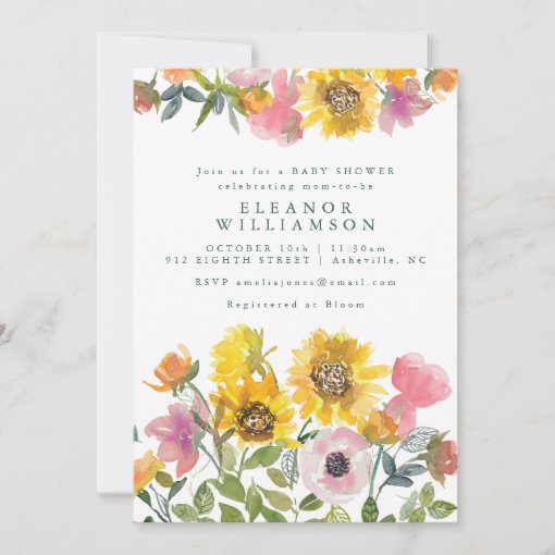 Sunflower Yellow Watercolor Floral Baby Shower Invitation | Zazzle