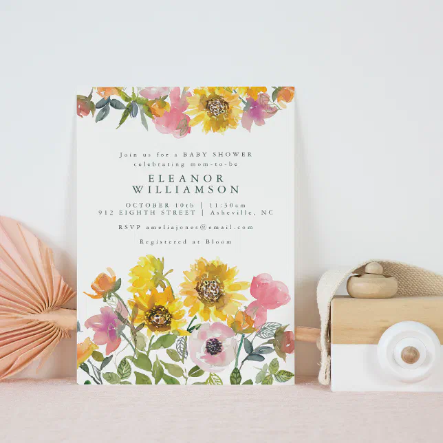 Sunflower Yellow Watercolor Floral Baby Shower Invitation | Zazzle