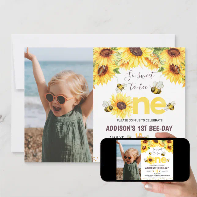 Sunflowers And Bees Bee-Day Photeo 1st Birthday Invitation | Zazzle