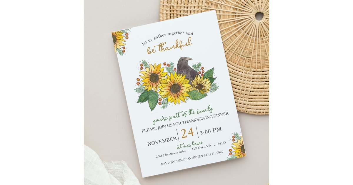 Sunflowers and Crow Thankful Thanksgiving Dinner Invitation | Zazzle