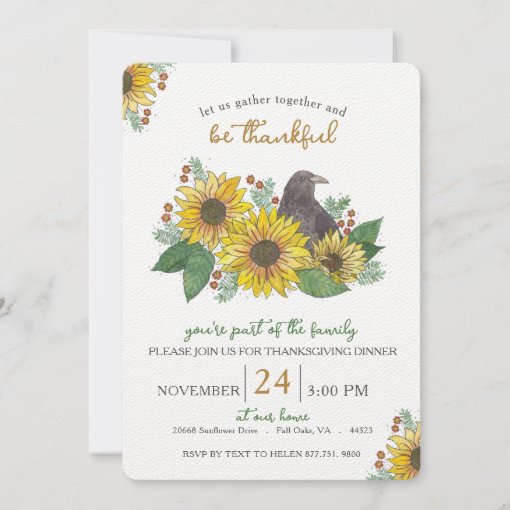 Sunflowers and Crow Thankful Thanksgiving Dinner Invitation | Zazzle