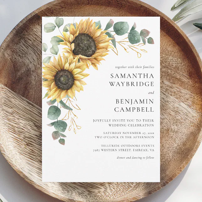 Sunflowers and Eucalyptus Rustic Wedding Invitation | Zazzle
