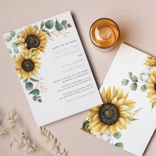 Sunflowers and Eucalyptus Rustic Wedding Silver Foil Invitation | Zazzle