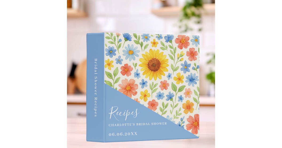 Sunflowers blue florals Bridal Shower recipe 3 Ring Binder | Zazzle