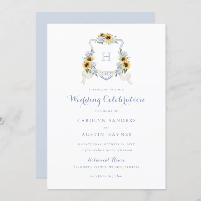 Sunflowers Blue Hydrangea Crest Monogram Wedding Invitation | Zazzle