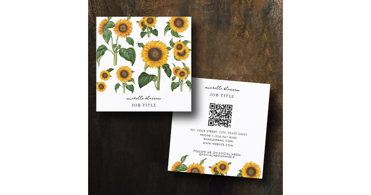 Sunflowers Botanical Foliage Greenery QR Code Square Business Card | Zazzle