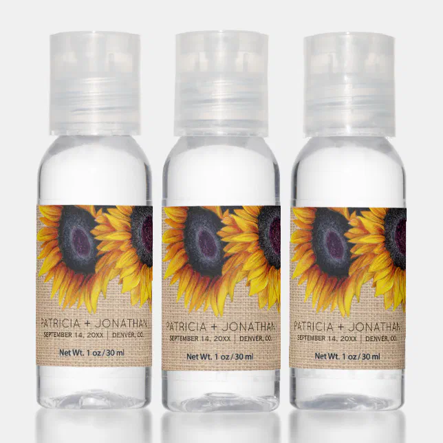 Sunflowers bouquet rustic burlap wedding favor hand sanitizer | Zazzle